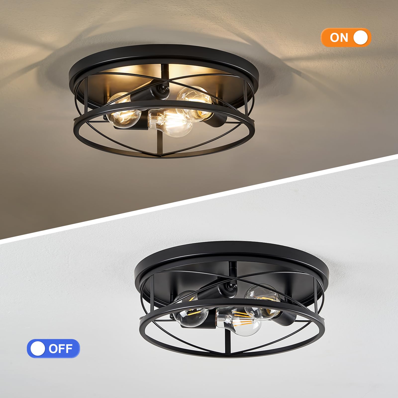 VIOLOEMI Farmhouse Light Fixtures, Black Round Metal Flush Mount Ceiling Light, 3-Light Cage Ceiling Lamp for Kitchen, Foyer, Bedroom, Hallway(Bulbs Not Included)