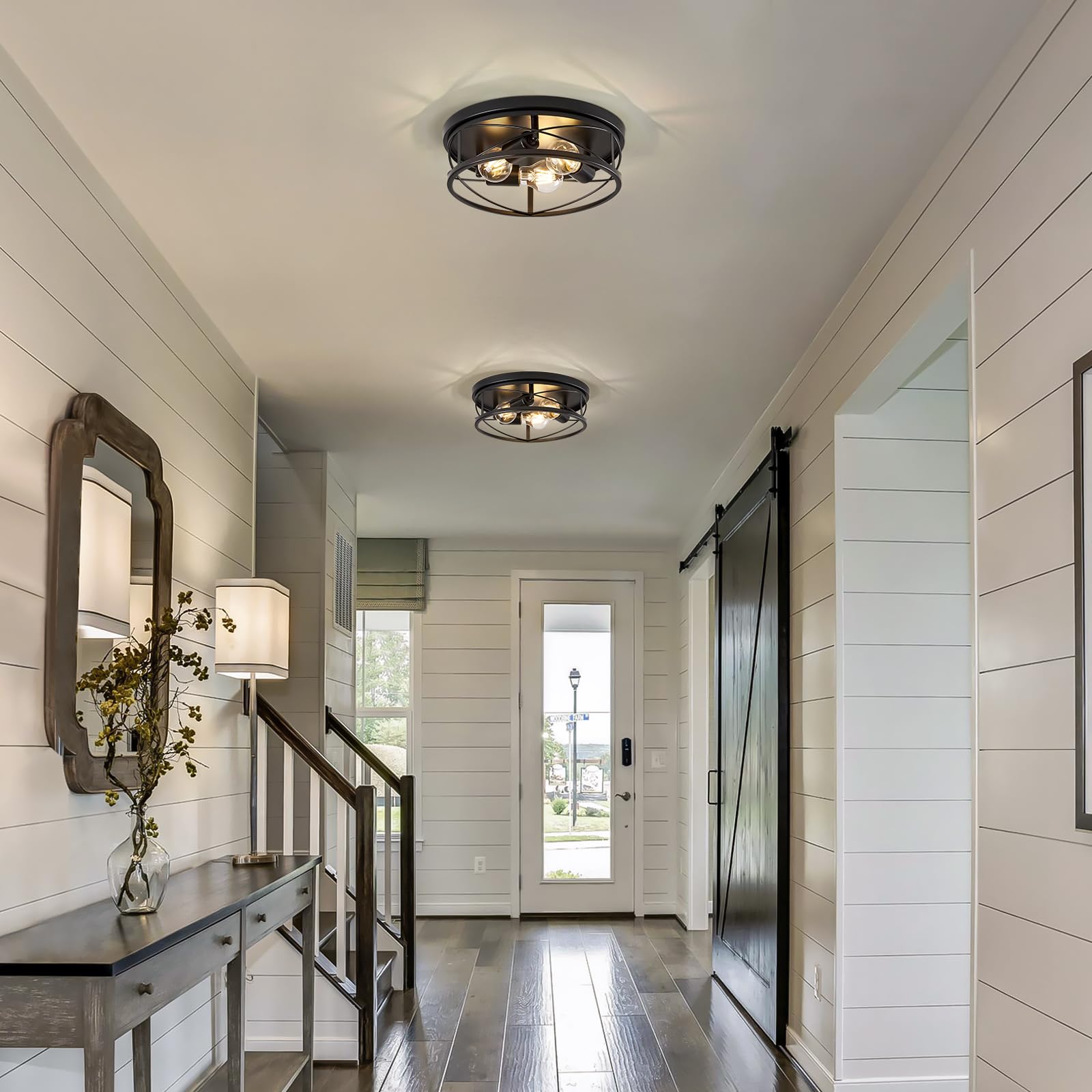 VIOLOEMI Farmhouse Light Fixtures, Black Round Metal Flush Mount Ceiling Light, 3-Light Cage Ceiling Lamp for Kitchen, Foyer, Bedroom, Hallway(Bulbs Not Included)