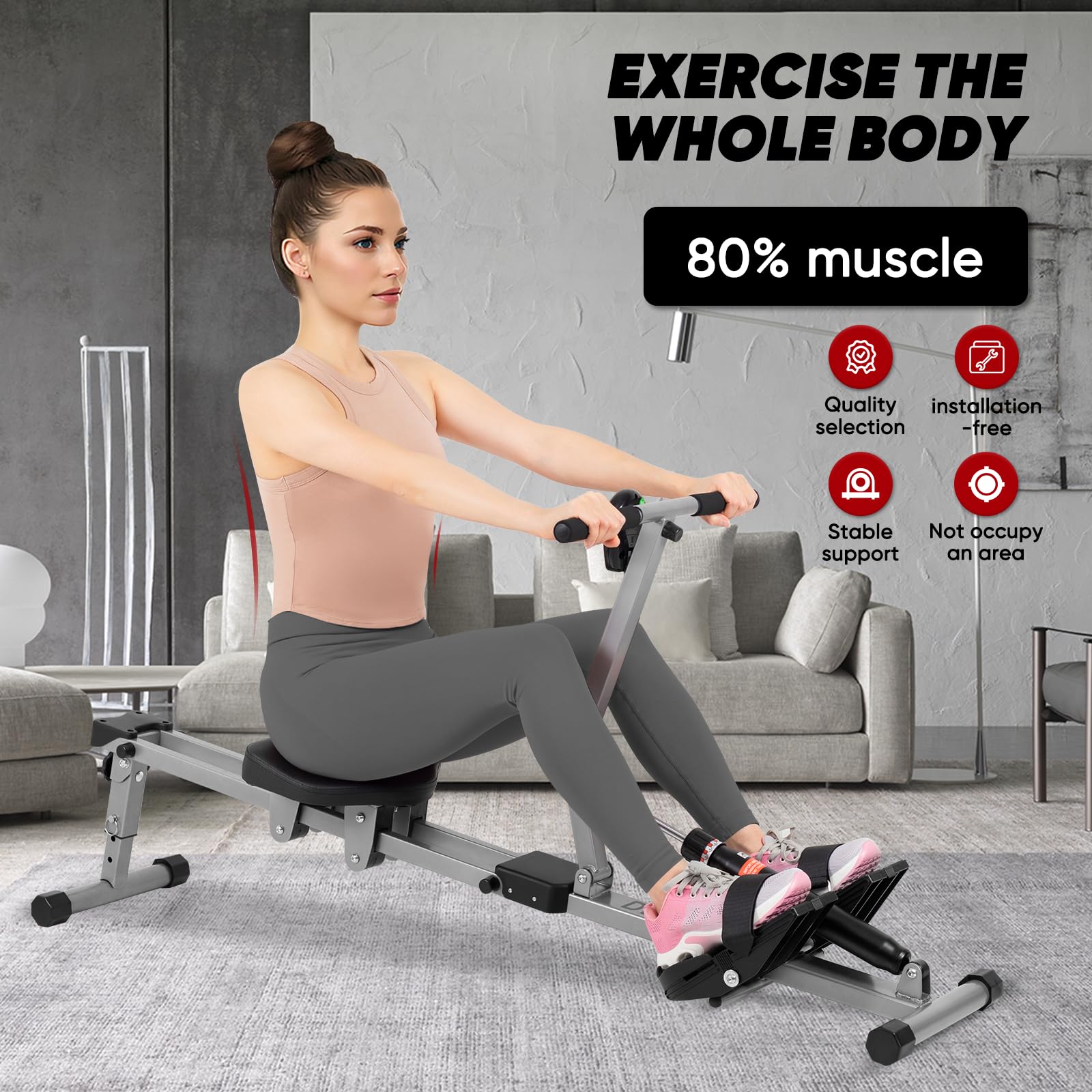 DELLFY Rowing Machine,Rowing Machines for Home Use Foldable,Rower Machine for a Living Room Workspace,Extended Silent Dual-Track,8 Steel Ball Bearing Pulleys.
