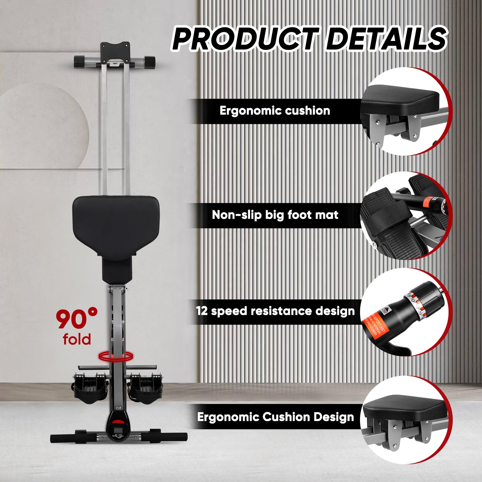 DELLFY Rowing Machine,Rowing Machines for Home Use Foldable,Rower Machine for a Living Room Workspace,Extended Silent Dual-Track,8 Steel Ball Bearing Pulleys.