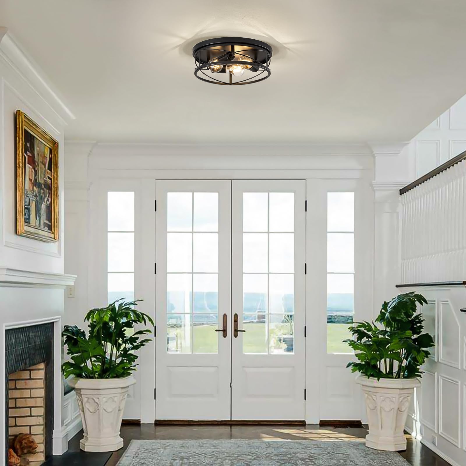 VIOLOEMI Farmhouse Light Fixtures, Black Round Metal Flush Mount Ceiling Light, 3-Light Cage Ceiling Lamp for Kitchen, Foyer, Bedroom, Hallway(Bulbs Not Included)