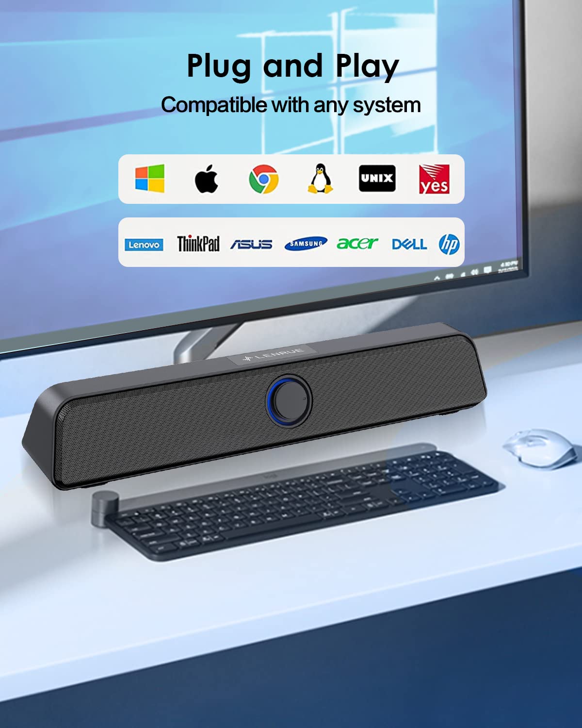 LENRUE Computer Speakers, Dual 5W PC Speaker, USB-A/USB-C Powered Laptop Speaker, 3.5mm Audio-in Wired Computer Speakers for Desktop Monitor,Laptop,Tablets,Plug-n-Play (Black)