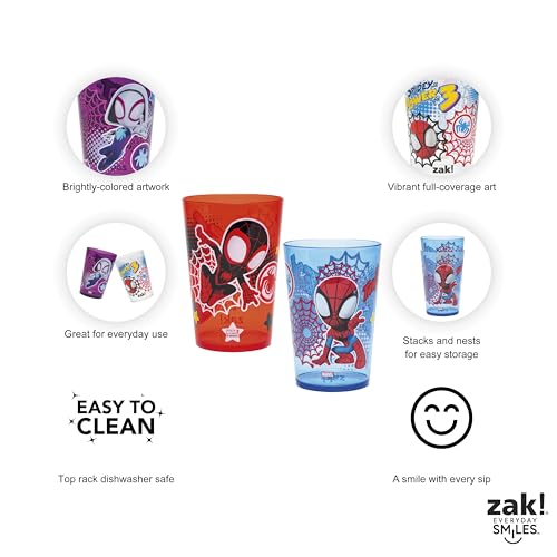 Zak Designs Marvel Spider-Man Nesting Tumbler Set for At Home, 14.5oz Non-BPA Plastic Cups, 4-Pack (Spidey and His Amazing Friends)