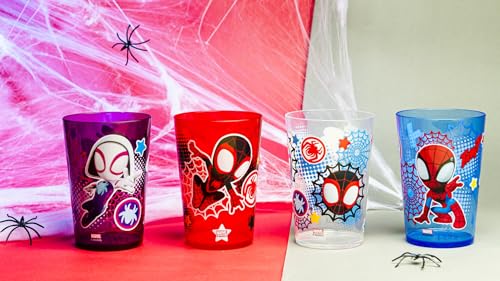 Zak Designs Marvel Spider-Man Nesting Tumbler Set for At Home, 14.5oz Non-BPA Plastic Cups, 4-Pack (Spidey and His Amazing Friends)
