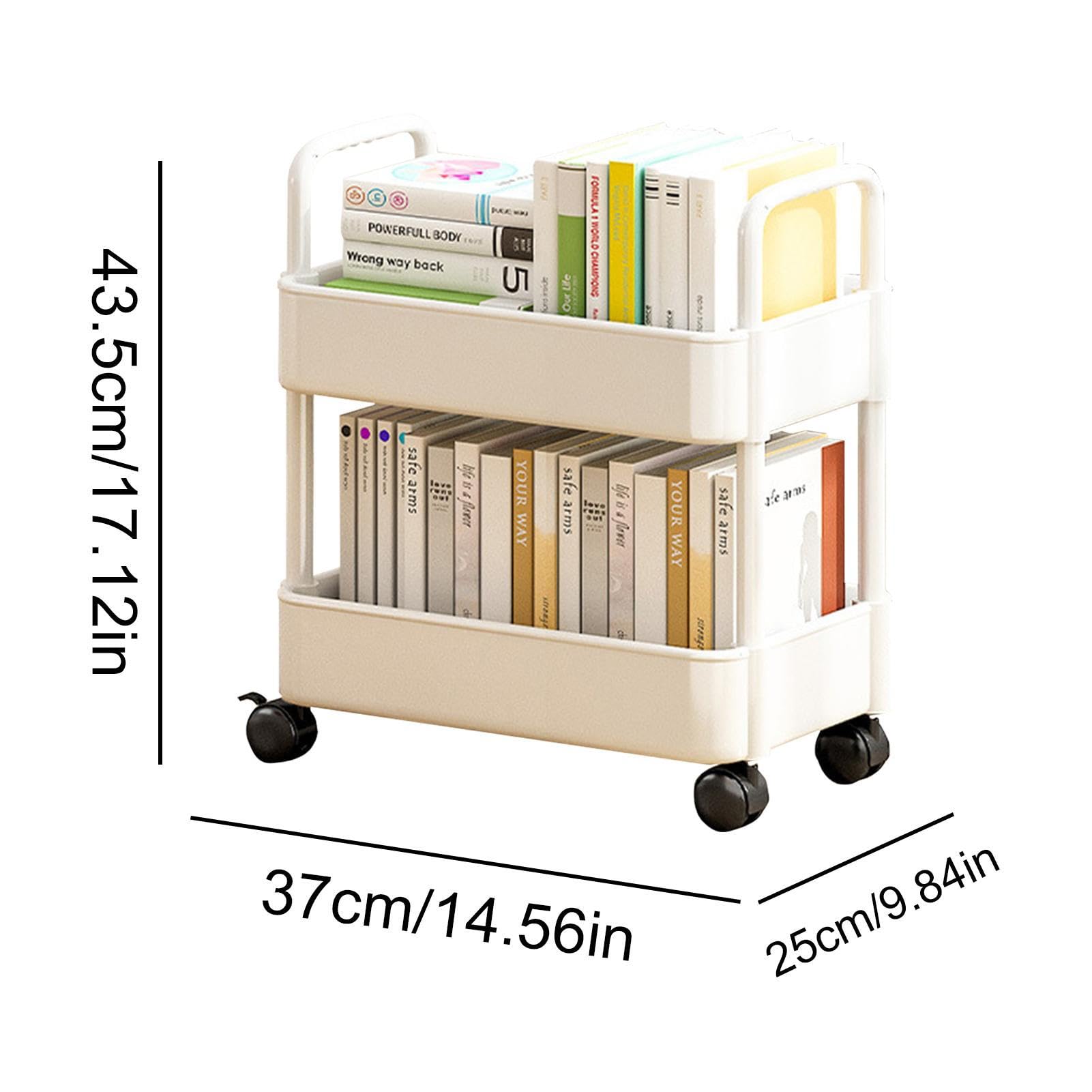 2 Tier Movable Bookcase, Book Cart Organizer, Utility Rolling Cart, 2 Tier Bookshelf with Wheel for Bedroom Living Room Home School, Kids Children Students