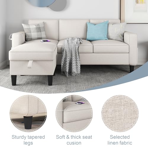 Sunrise Coast Sectional L Shaped Living Room Modular USB+Type-C Charging Port 3 Seater Couches with Removable Storage Ottoman Small Sofa 78", Beige