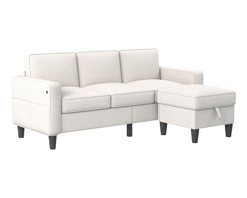 Sunrise Coast Sectional L Shaped Living Room Modular USB+Type-C Charging Port 3 Seater Couches with Removable Storage Ottoman Small Sofa 78", Beige