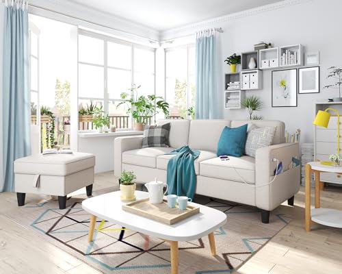 Sunrise Coast Sectional L Shaped Living Room Modular USB+Type-C Charging Port 3 Seater Couches with Removable Storage Ottoman Small Sofa 78", Beige