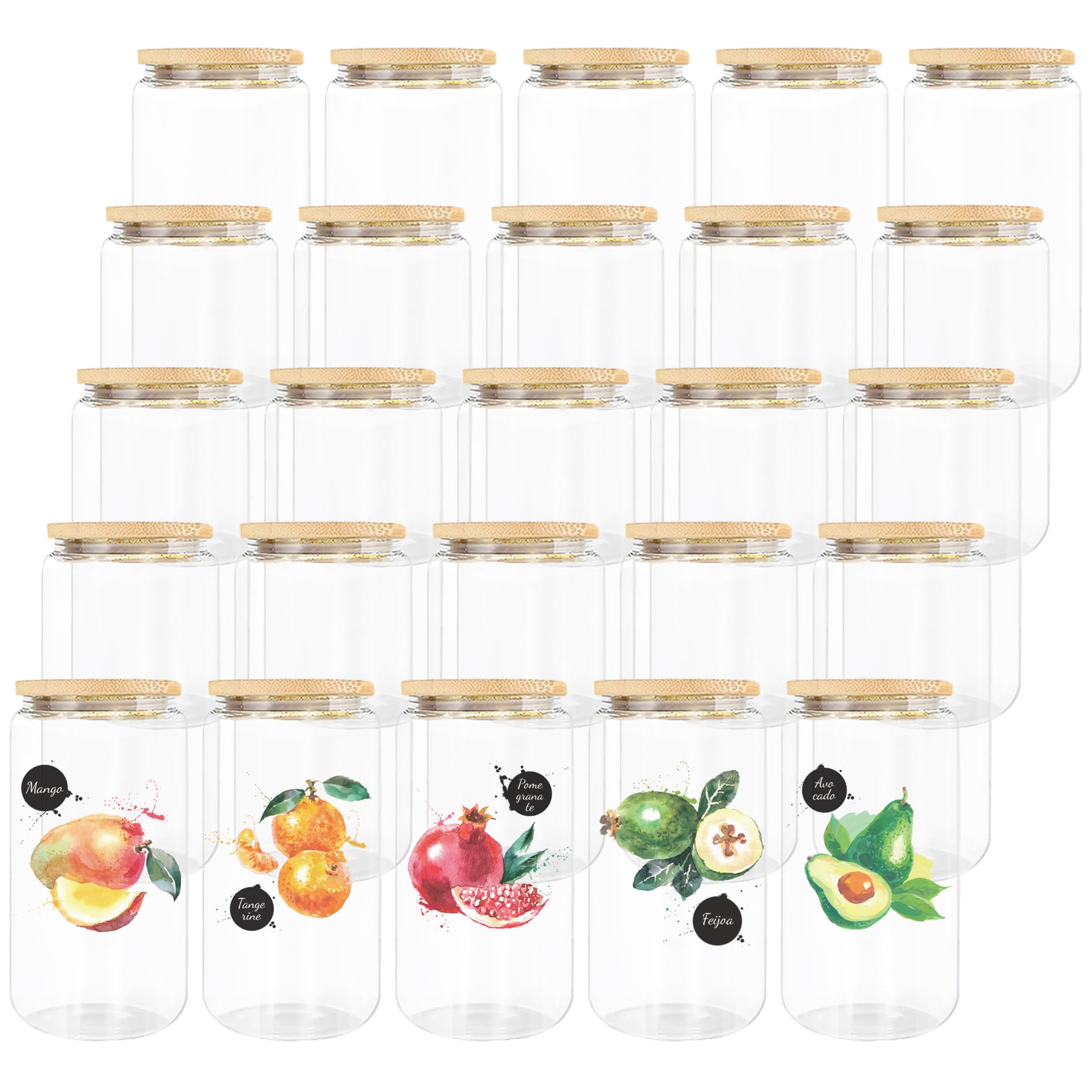 VEVELU 25 Pack Sublimation Glass Cups with Lids and Straws 16oz Clear Sublimation Glass Can Blanks Tumblers Glass Sublimation Cups with Bamboo Lid Drinking Juice Jars Beer Can Glass Iced Coffee Cups