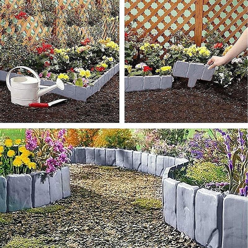 Garden Fence Border, Plastic Stone Effect Flowerbed Grass Lawn Plant Decorative Edging Panels for DIY Outdoor Patio Balcony Yard (10PCS)