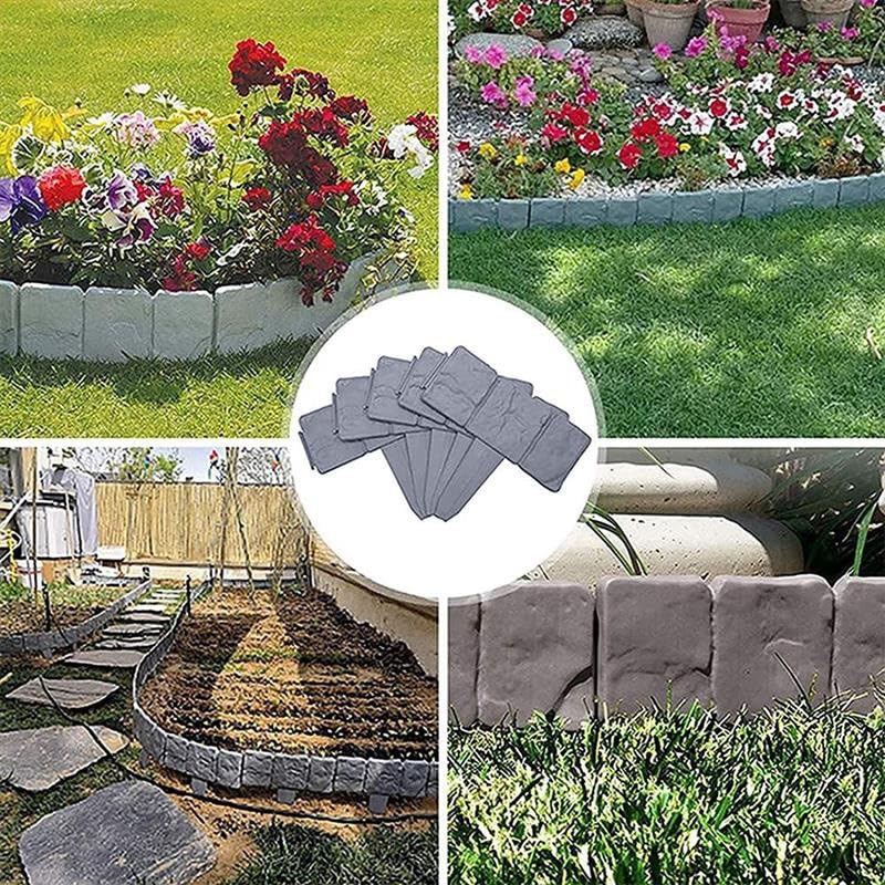Garden Fence Border, Plastic Stone Effect Flowerbed Grass Lawn Plant Decorative Edging Panels for DIY Outdoor Patio Balcony Yard (10PCS)
