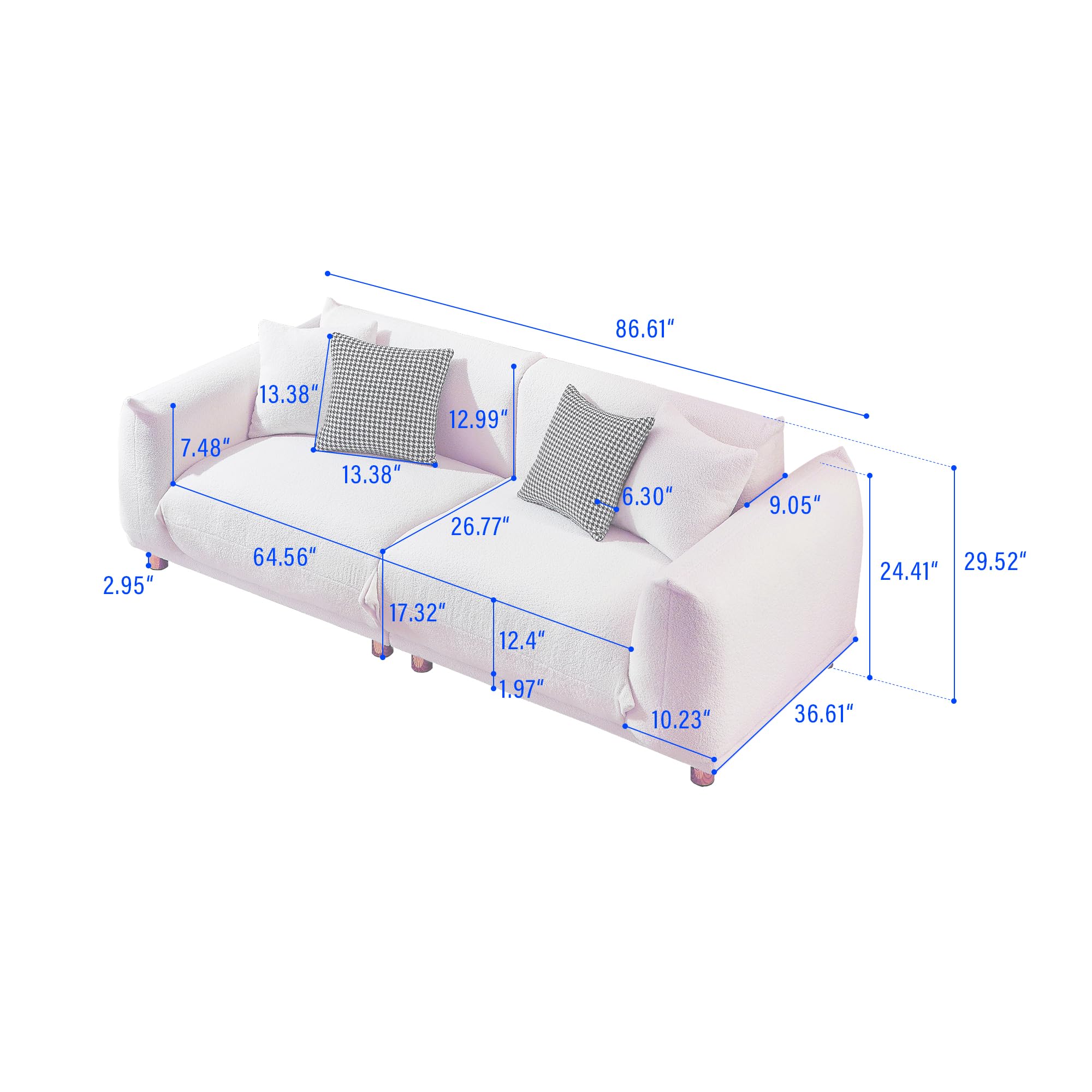 EMKK 86'' Velvet Couch Sofa Mid-Century Modern Teddy Upholstery Love Chesterfield 3 Seat Sofá for Living Room Apartment, White