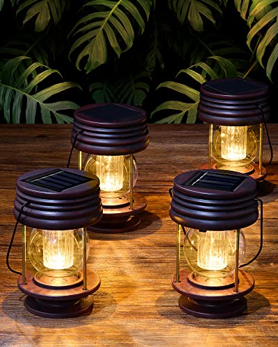Leelosp 4 Pack Hanging Solar Lanterns Waterproof Lights Powered Led Decorative Landscape Light Table Lamp with Design for Patio, Garden, Yard, and Pathway Decor, Warm