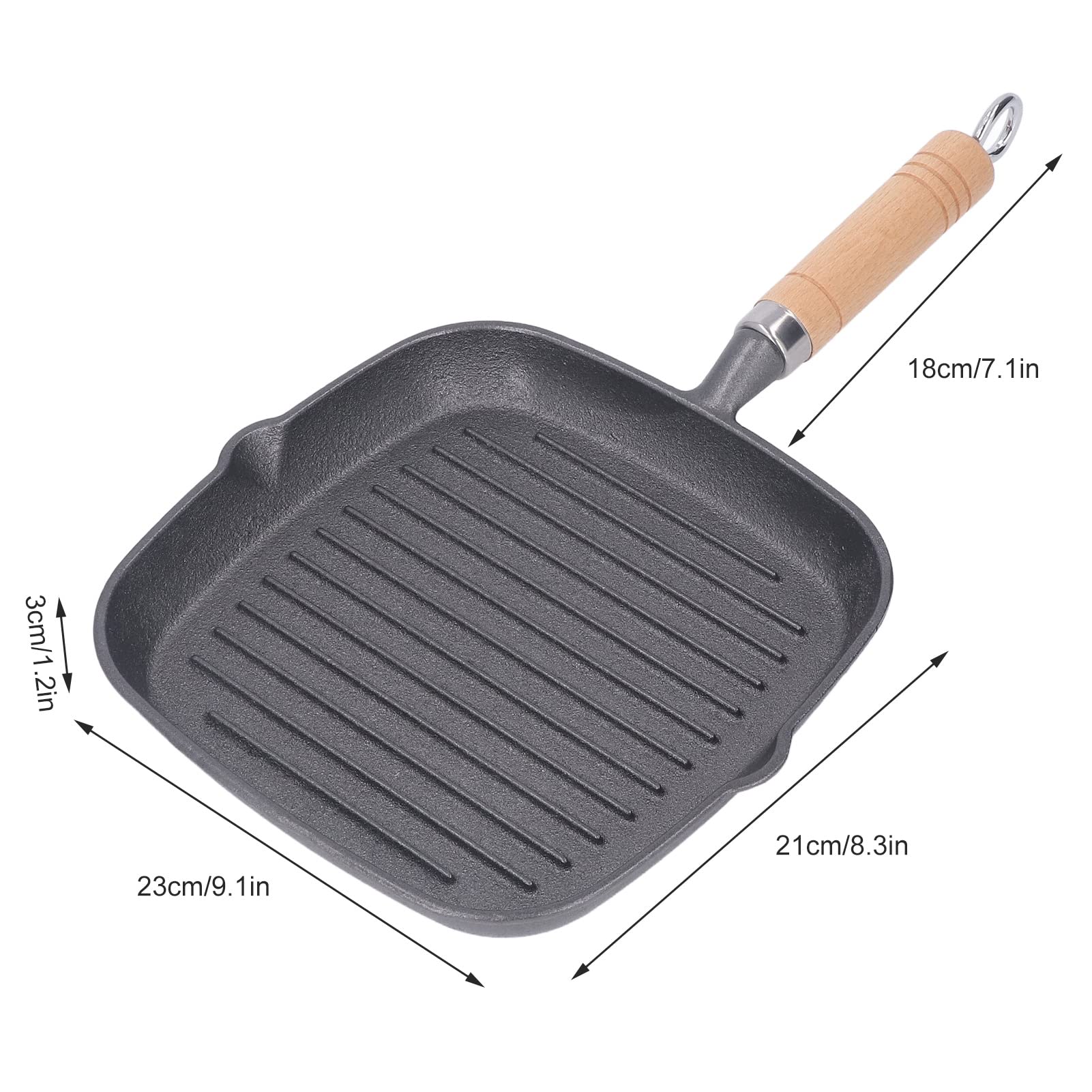 REUIQU Grill Pan, Square Cast Iron Grill Pan Steak Pan with Nonstick Surface, Sear Ridges and Wooden Handle, Multipurpose Prevents Stick Quadrate Steak Pan for Bacon Steak Onion