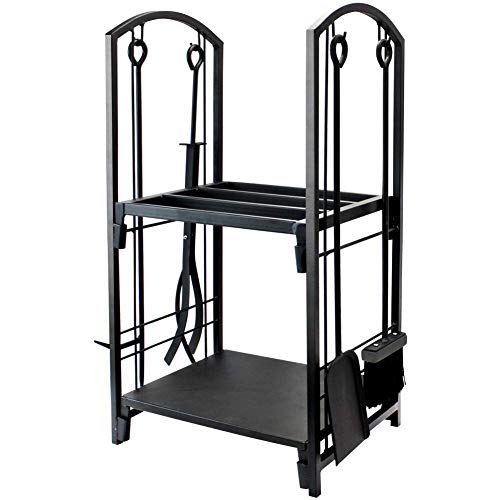 INNO STAGE Firewood Log Rack Bin Log Holder with Fireplace Tools Set Brush Shovel Poker Tongs for Indoor Outdoor or Backyard Garden Firepit - No Screws are Required for Assembly !