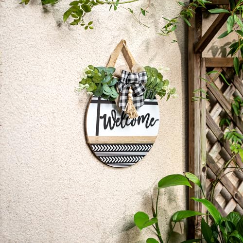 Welcome Sign for Front Door Decor - Walasis Hanging Welcome Signs for All Season Boho Wall Decoration 12inch Wooden Farmhouse Eucalyptus Wreath with Bow Beads for Home