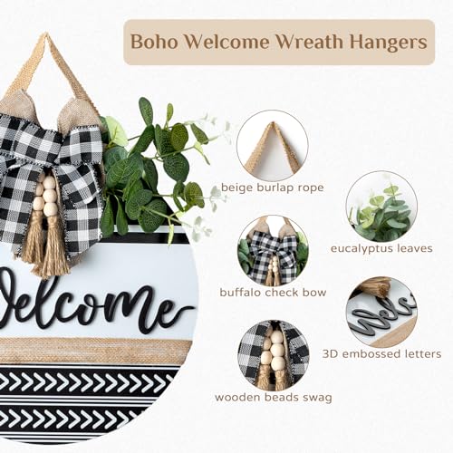 Welcome Sign for Front Door Decor - Walasis Hanging Welcome Signs for All Season Boho Wall Decoration 12inch Wooden Farmhouse Eucalyptus Wreath with Bow Beads for Home