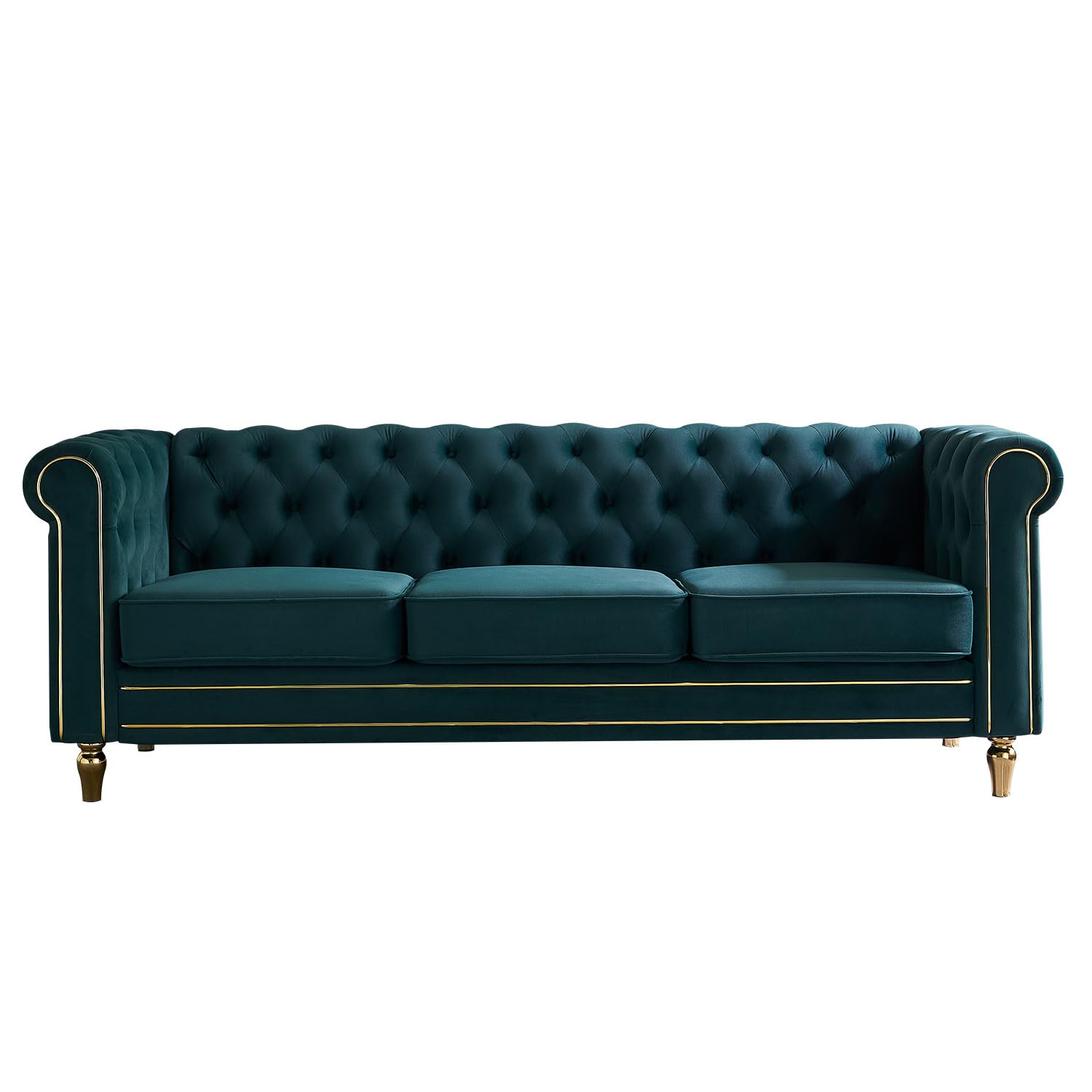 Goohome 84.65" Chesterfield Sofa, 3-Seater Velvet Deep Button Tufted Sofá Upholstered Love Seat Couches with Rolled Arm, Gold Strip Trim, for Bedroom Office Apartment Living Room Furniture, Green