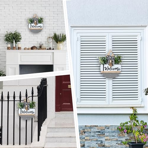 Welcome Sign for Front Door Decor - Walasis Hanging Welcome Signs for All Season Boho Wall Decoration 12inch Wooden Farmhouse Eucalyptus Wreath with Bow Beads for Home