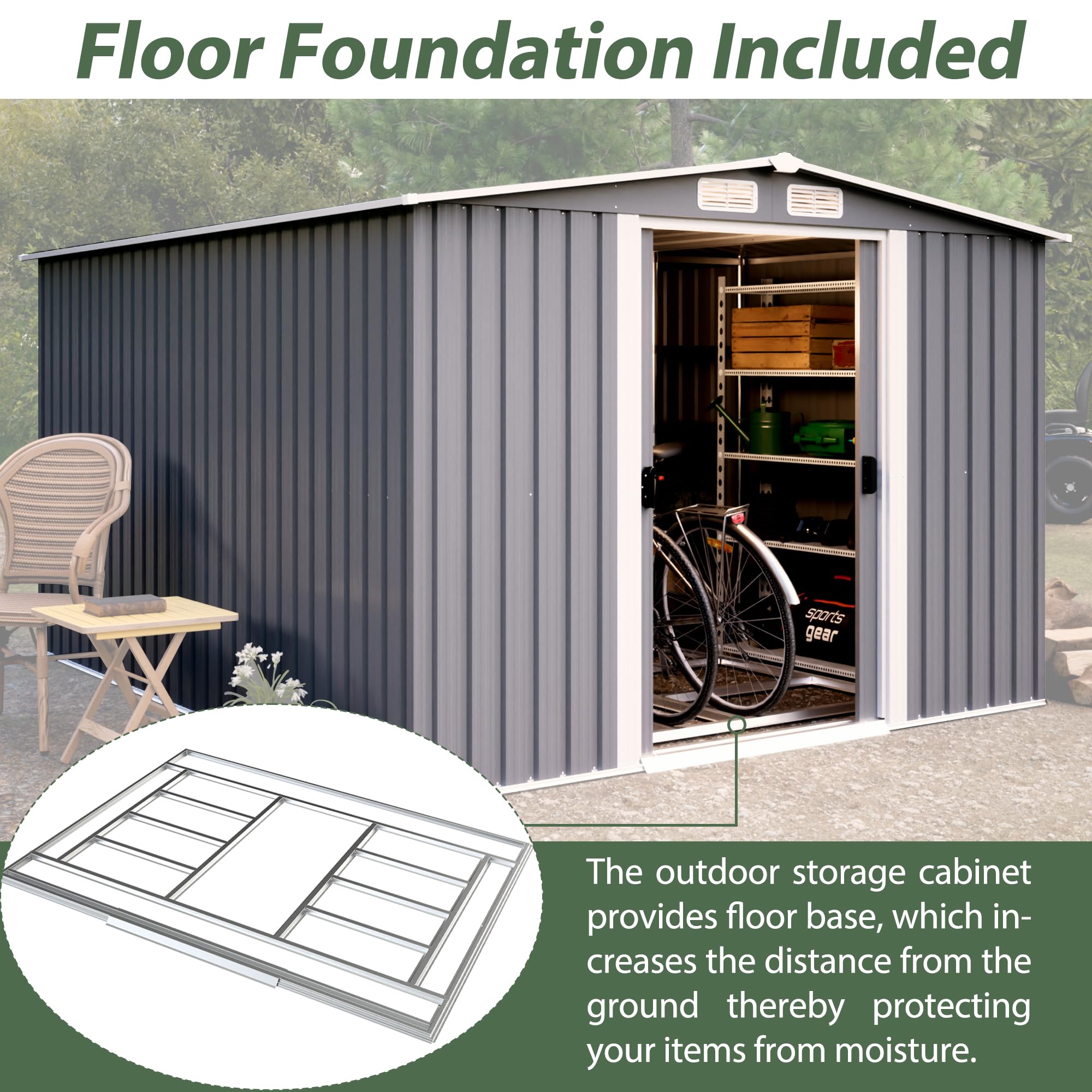 Evedy Outdoor Shed - 10 x 8 FT Storage Sheds Galvanized Metal Shed with Slide Door, Tool Storage Backyard Shed Bike Shed, Tiny House Garden Tool Storage Shed for Backyard Patio Lawn