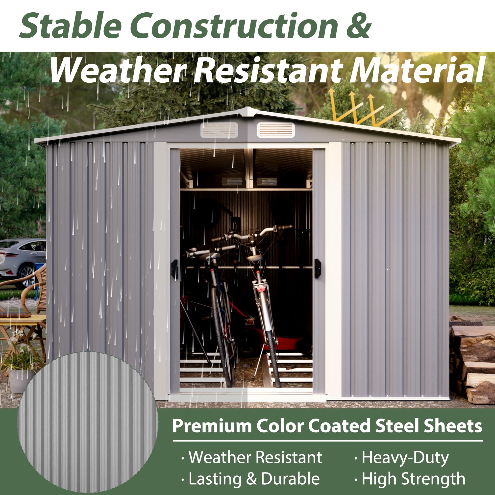 Evedy Outdoor Shed - 10 x 8 FT Storage Sheds Galvanized Metal Shed with Slide Door, Tool Storage Backyard Shed Bike Shed, Tiny House Garden Tool Storage Shed for Backyard Patio Lawn