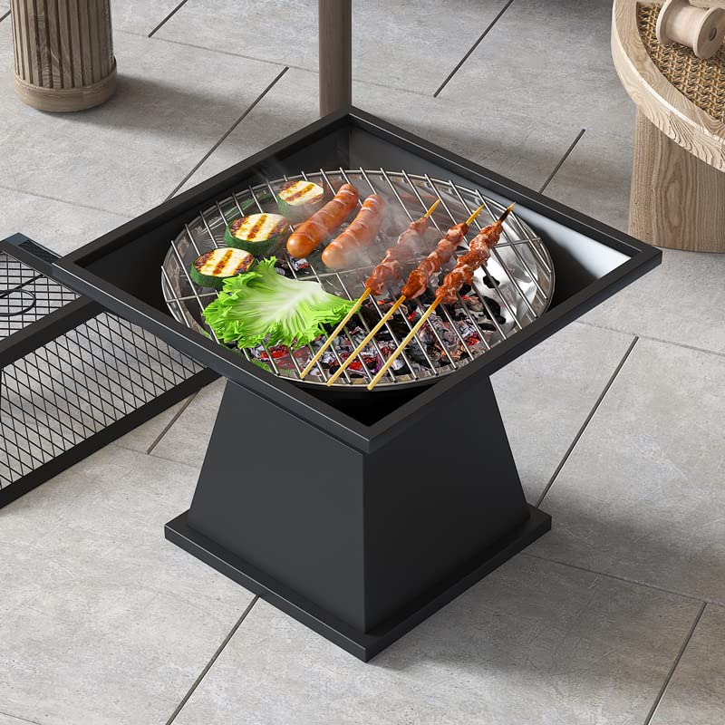 MCNUSS Fire Pit for Garden, 20 Inch Wood Burning Bonfire Firebowl Outdoor Portable Steel Firepit, with Ring Handle Flame Retardant Mesh Cover,Black