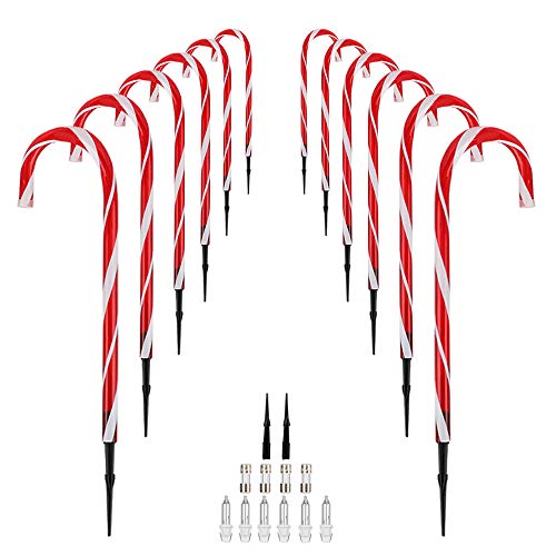 walsport Christmas Candy Cane Pathway Lights Markers Holiday Walkway Lights Outdoor Ornaments Garden Stakes Set of 12 for Yard Lawn Xmas Outside Decorations