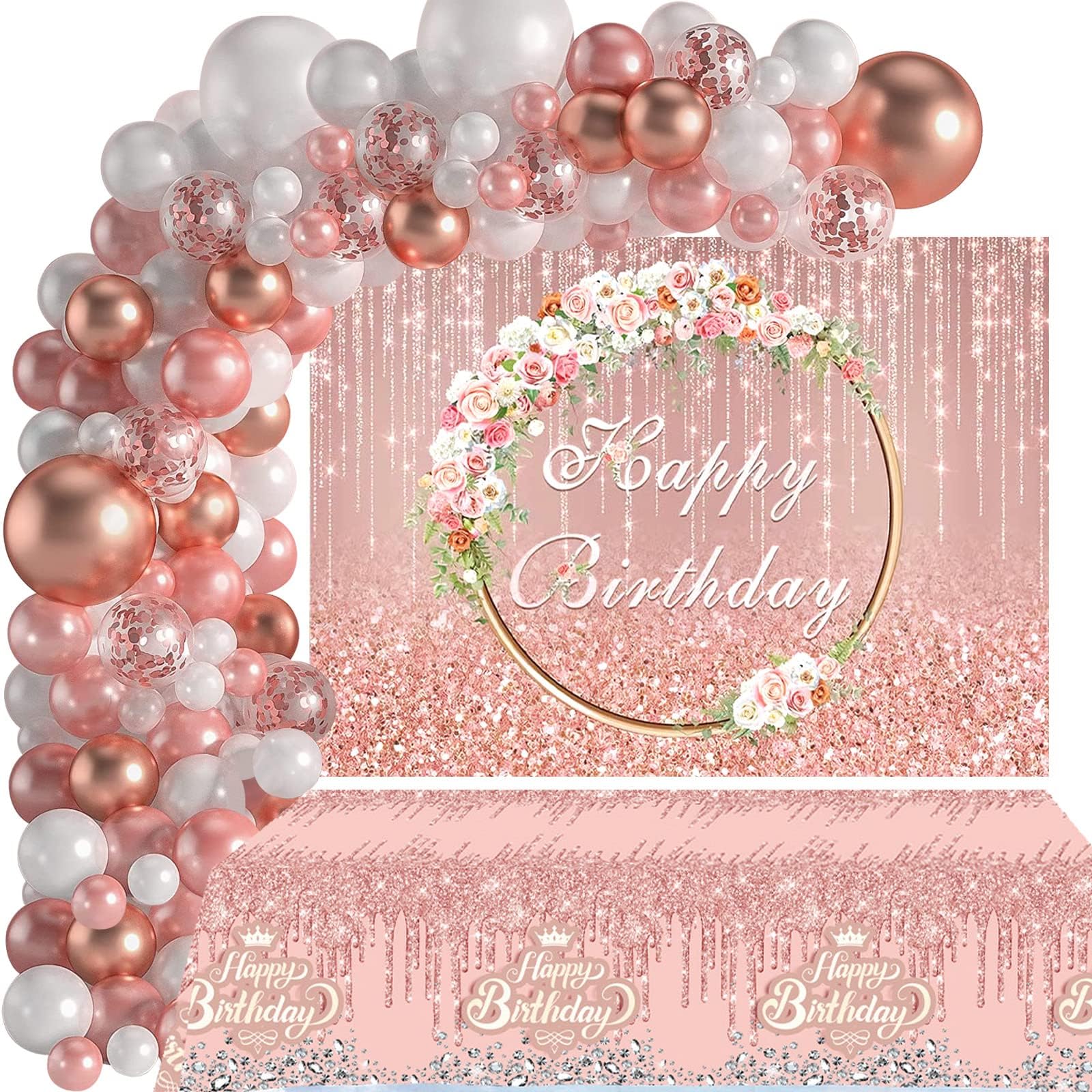 Floral Happy Birthday Decorations Women, 125PCS Rose Gold Flower Birthday Party Supplies Including Happy Birthday Backdrop, Balloon Arch/Garland Kit, Birthday Tabblecloth for Girls