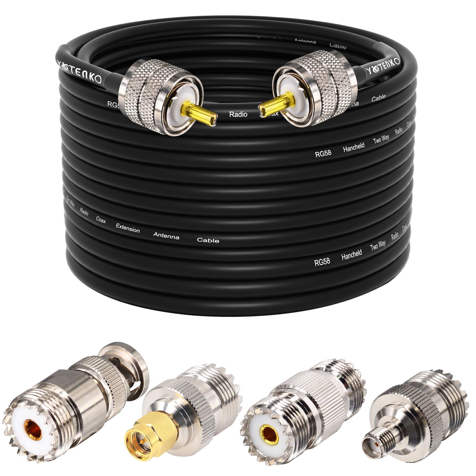 YOTENKO Ham Radio Coax Cable, RG58 50 Ohm, 23M (75FT), PL259 Male to SO239 Female, with 4-Pack Adapters (SMA/UHF/BNC/SO239), for CB, Amateur, Ham Radio Antenna