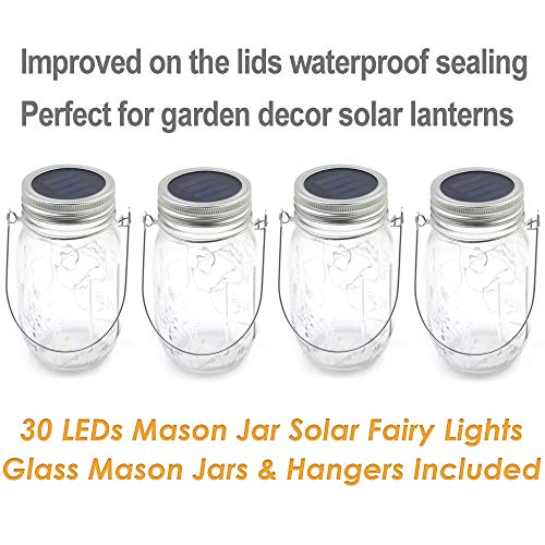Solar Mason Jar Lights,4 Pack 30 Led Starry Star Fairy Firefly Jar Hanging Lantern Lights,for Outdoor Patio Garden Yard Mason Jar Wedding Table Decor Solar Lanterns Lights(Mason Jars/Hangers Included)