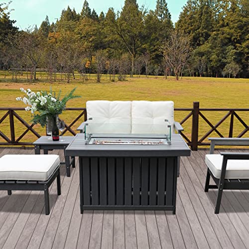 43'' Propane Fire Pit Table, 50,000 BTU Gas Fire Pit , CSA Certified Outdoor Patio Fire Table with Glass Wind Guard, Fire Glass and Lid, Safe for Garden Deck Patio Backyard (Grey)
