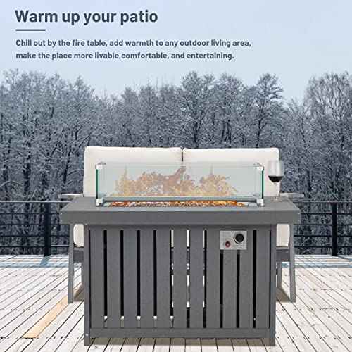 43'' Propane Fire Pit Table, 50,000 BTU Gas Fire Pit , CSA Certified Outdoor Patio Fire Table with Glass Wind Guard, Fire Glass and Lid, Safe for Garden Deck Patio Backyard (Grey)