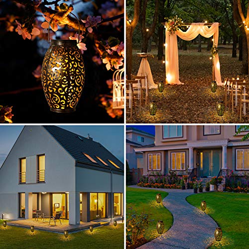 Solar Lanterns Outdoor, 2 Pack Solar Garden Lanterns Waterproof, LED Hanging Lanterns Solar Powered with Handle, Decorative Retro Metal Solar Lights for Table Patio Yard Pathway Walkway Christmas