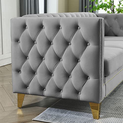 Melpomene Velvet 58" Upholstered Button Tufted Loveseat Sofa with Metal Legs, Chesterfield Sofa 2 Seat Sofa with Nailhead Trim,Grey