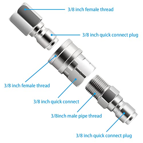 4PCS 3/8 Inch NPT Quick Connect Pressure Washer Coupler,Stainless Steel Pressure Washer Adapter Set, Male and Female Power Washer Quick Disconnect Kit