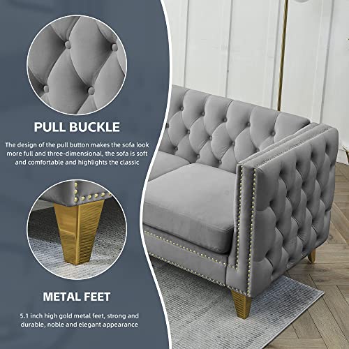 Melpomene Velvet 58" Upholstered Button Tufted Loveseat Sofa with Metal Legs, Chesterfield Sofa 2 Seat Sofa with Nailhead Trim,Grey
