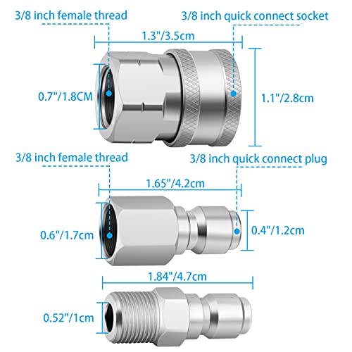 4PCS 3/8 Inch NPT Quick Connect Pressure Washer Coupler,Stainless Steel Pressure Washer Adapter Set, Male and Female Power Washer Quick Disconnect Kit