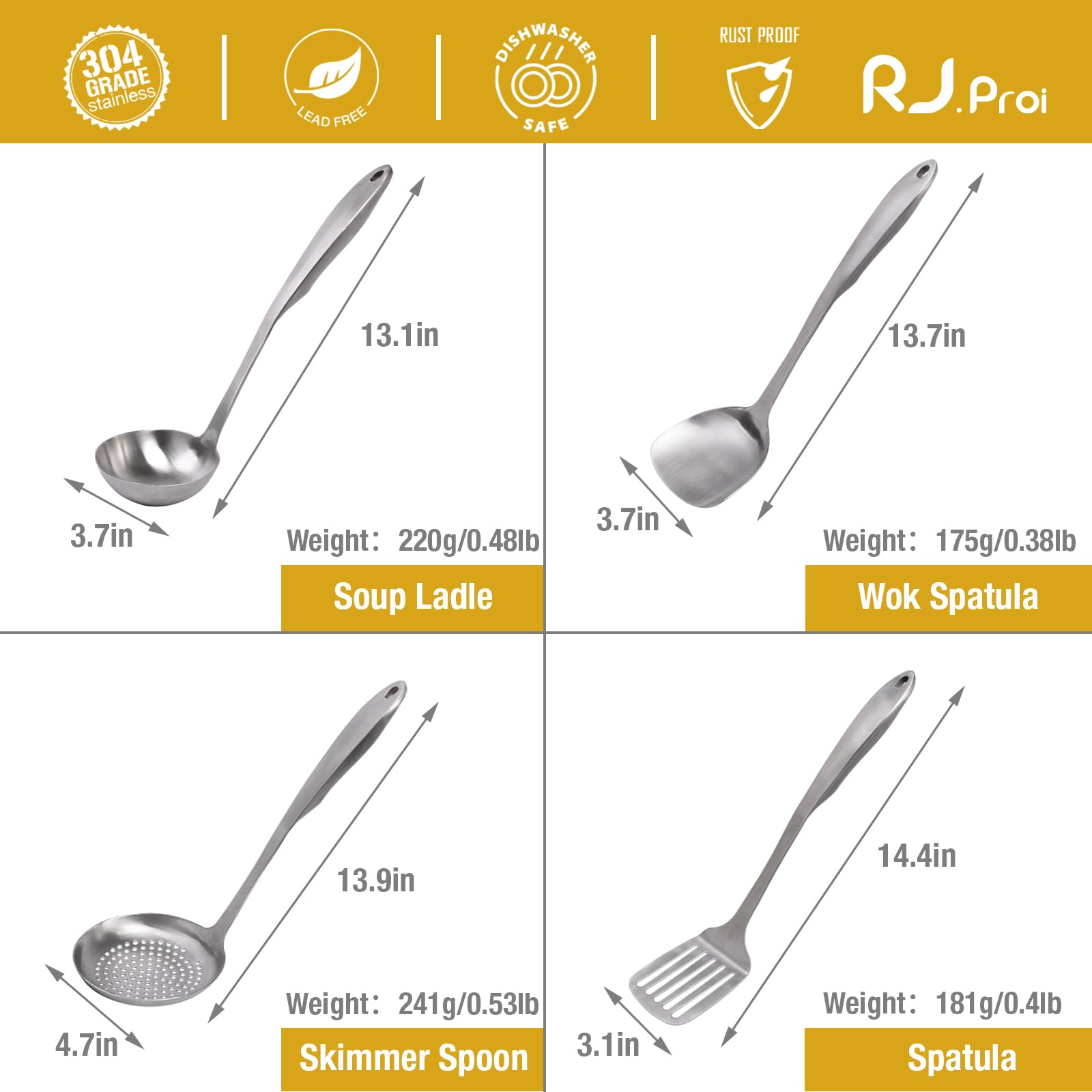 4-Piece Kitchen Utensils Set, Cooking Utensils 304 Stainless Steel Kitchen Gadgets with Spatula, Soup Ladle, Wok Spatula, Skimmer Spoon, Heat Resistant Handle and Dishwasher Safe