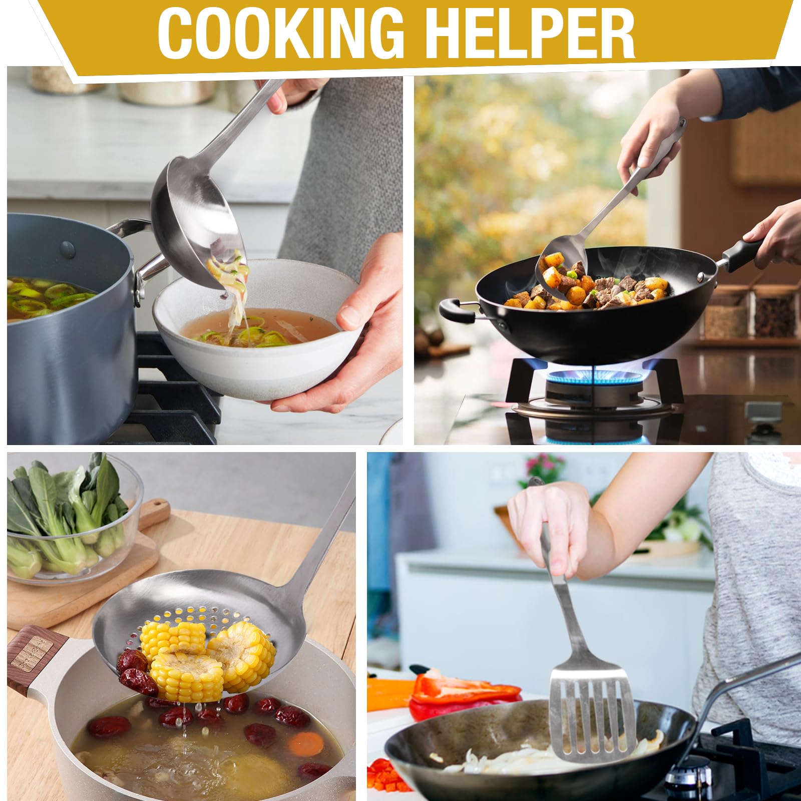 4-Piece Kitchen Utensils Set, Cooking Utensils 304 Stainless Steel Kitchen Gadgets with Spatula, Soup Ladle, Wok Spatula, Skimmer Spoon, Heat Resistant Handle and Dishwasher Safe