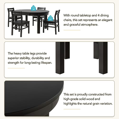 Bellemave 5-Piece Round to Oval Extendable Dining Table Set with 4 Chairs, Drawers and 16" Removable Leaf for Kitchen, Dining Room.((Espresso)