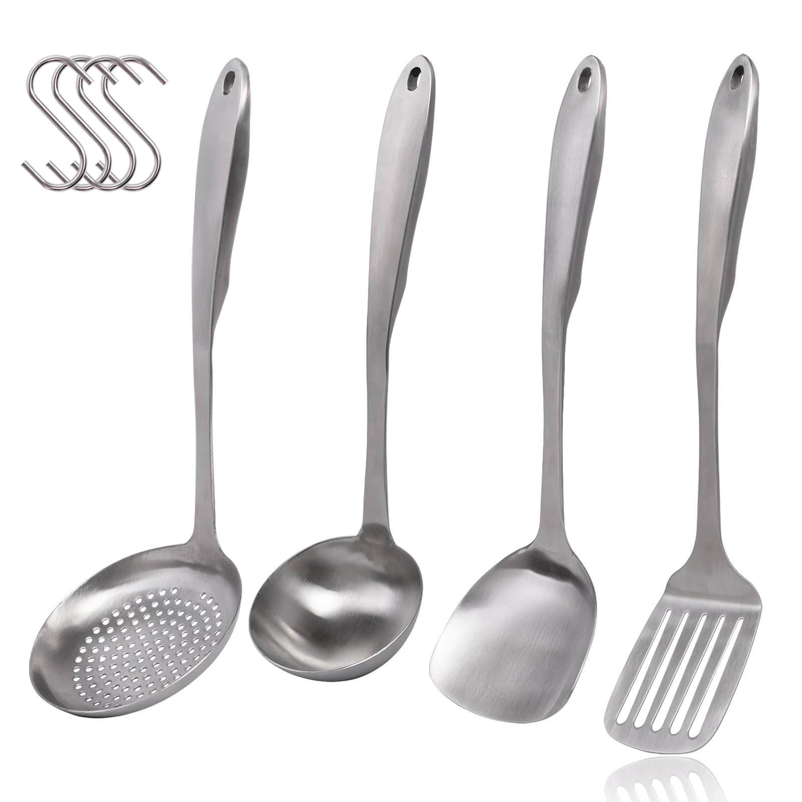 4-Piece Kitchen Utensils Set, Cooking Utensils 304 Stainless Steel Kitchen Gadgets with Spatula, Soup Ladle, Wok Spatula, Skimmer Spoon, Heat Resistant Handle and Dishwasher Safe
