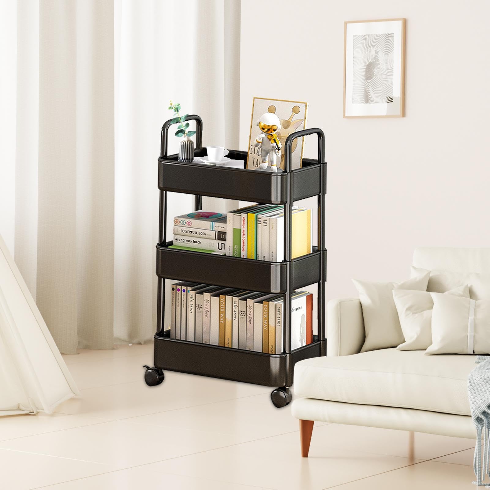 FUKKA Storage Rolling Cart, Utility Cart Rolling Cart Organizer, Storage Cart with Handle, Rolling Cart Snack Cart, Storage Cart Movable Storage Organizer for Kitchen, Bedroom, Living Room