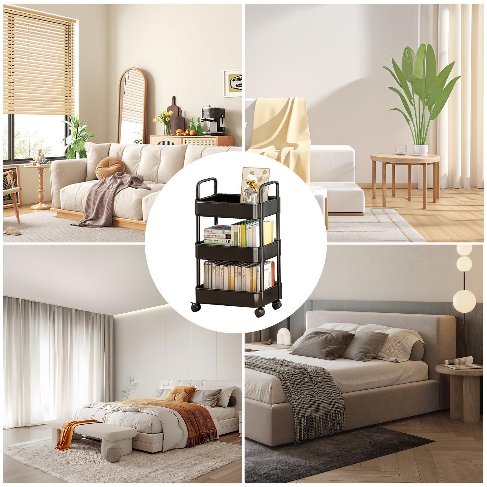 FUKKA Storage Rolling Cart, Utility Cart Rolling Cart Organizer, Storage Cart with Handle, Rolling Cart Snack Cart, Storage Cart Movable Storage Organizer for Kitchen, Bedroom, Living Room