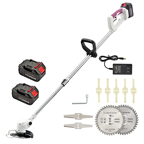 Cordless String Trimmer Battery Powered, 50 Inch with 3 Types Blades Upgrade 2pcs 21V Li-Ion Battery Electric Weed Wacker Brush Cutter Powerful String Trimmer for Lawn, YardďźGarden, Bush Trimming