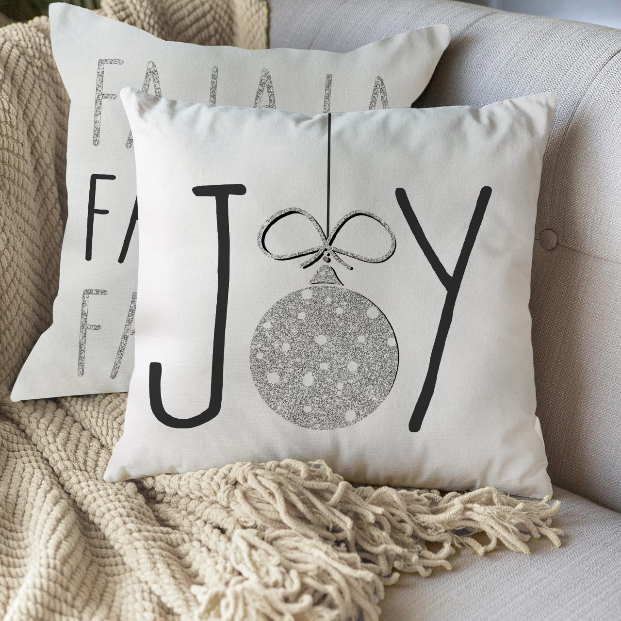 AOFANGGO Christmas Pillow Covers 18x18 Set of 4 Silver Glitter Holiday Decorations White Xmas Throw Pillows Cushion Covers for Bed Chair Sofa Couch
