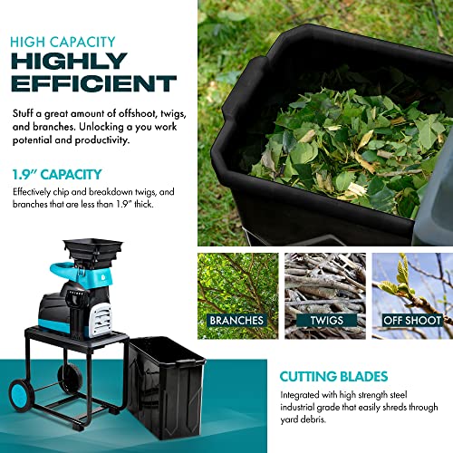 G Garden Wood Chipper Electric Quiet Silent 1.5-1.7 Inch Max Branch Capacity 14.5-Amp 1800Watt 120VAC 17:1 Reduction Ratio with 40L Collection Bin use for Fire Prevention Building and Firebreaks