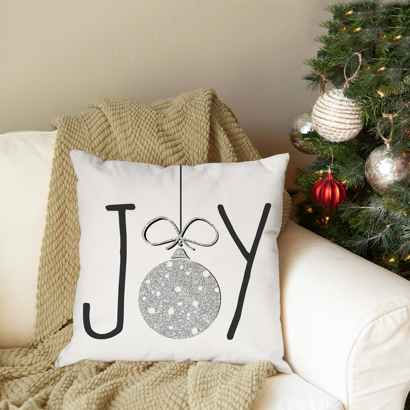 AOFANGGO Christmas Pillow Covers 18x18 Set of 4 Silver Glitter Holiday Decorations White Xmas Throw Pillows Cushion Covers for Bed Chair Sofa Couch