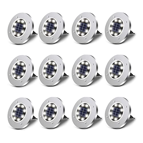 12Pcs Solar Ground Lights Outdoor Waterproof Solar Outdoor Lights,8LED Underground Light Solar Outdoor Lights Landscape Solar Garden Lights In-Ground Lights for Pathway,Yard,Lawn,Driveway White
