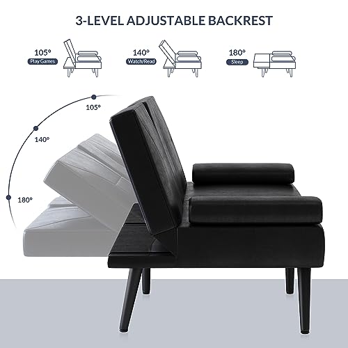 BELLEZE Futon Sofa Bed, Comfy Couch Convertible Sofa Bed with 2 USB Ports, Removable Armrests and Adjustable Backrest, Modern Loveseat Sofa for Living Room, Small Space - Madison (Black Faux Leather)