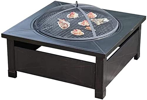 LEAYAN Garden Fire Pit Portable Grill Barbecue Rack Outdoor Fire Pit Metal Square Firepit Patio Stove Wood Burning BBQ Grill Fire Pit Bowl with Spark Screen Cover, Log Grate for Camping Backyard